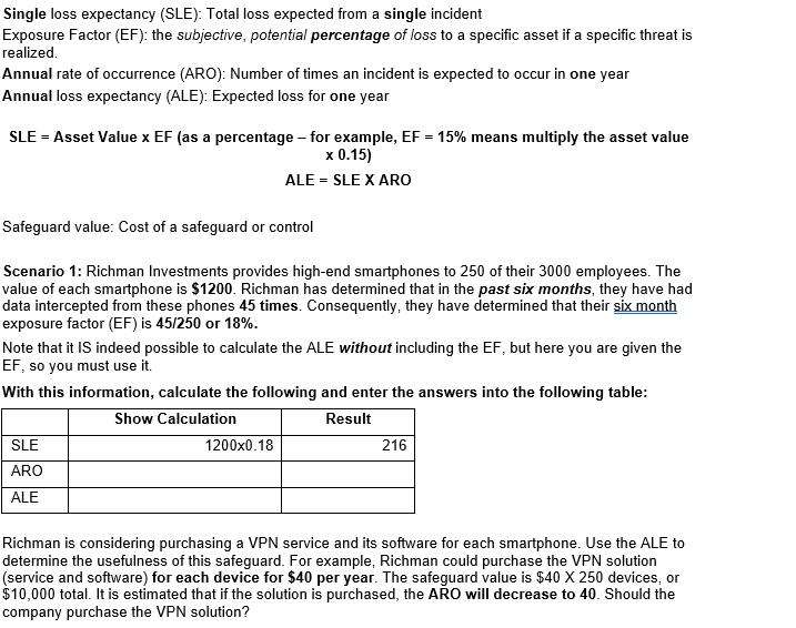 Solved Single loss expectancy (SLE): Total loss expected | Chegg.com