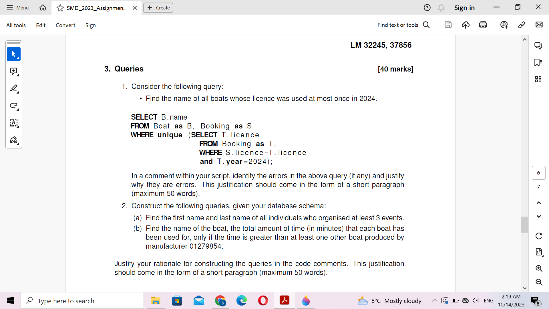 Solved 3. Queries [40 marks] 1. Consider the following | Chegg.com