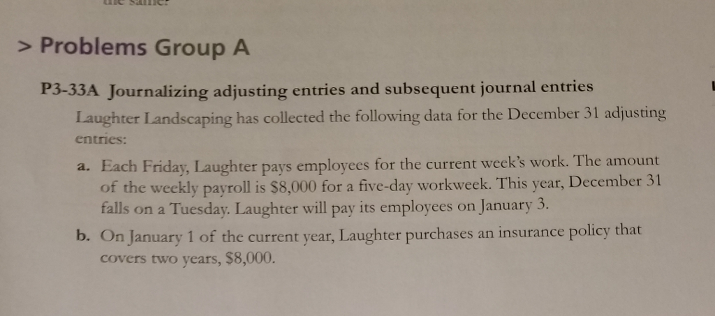 Solved > Problems Group A P3-33A Journalizing adjusting | Chegg.com