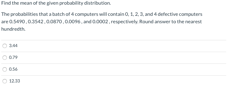 Solved Find the mean of the given probability distribution. | Chegg.com