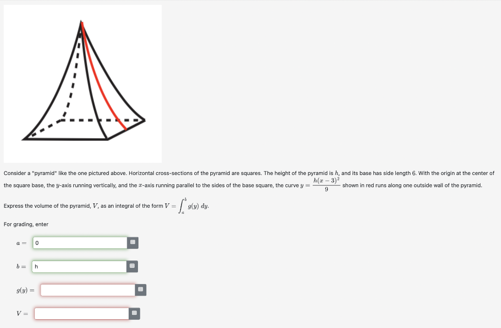 Solved Express the volume of the pyramid, V, as an integral | Chegg.com