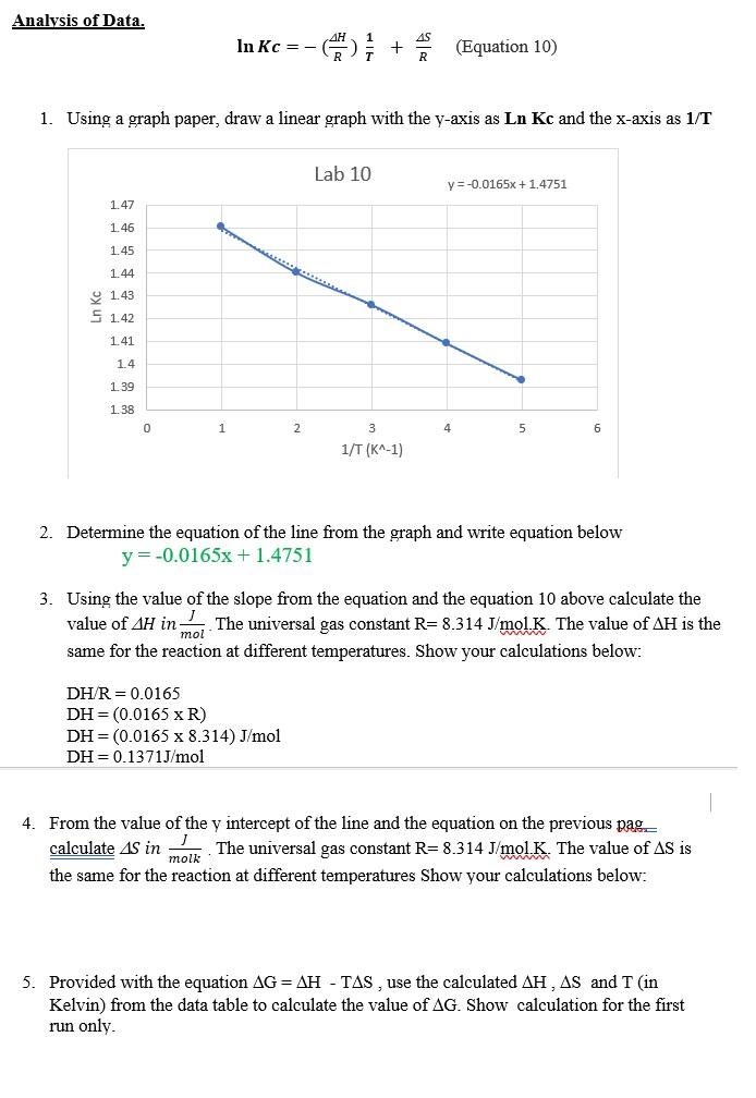 Solved Analysis of Data. In Kc =-G + (Equation 10) 1. Using | Chegg.com
