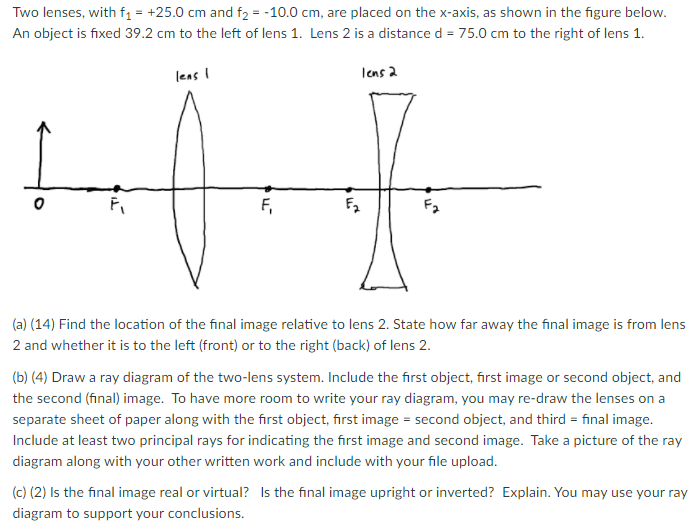 Solved Two lenses, with f1 = +25.0 cm and f2 = -10.0 cm, are | Chegg.com