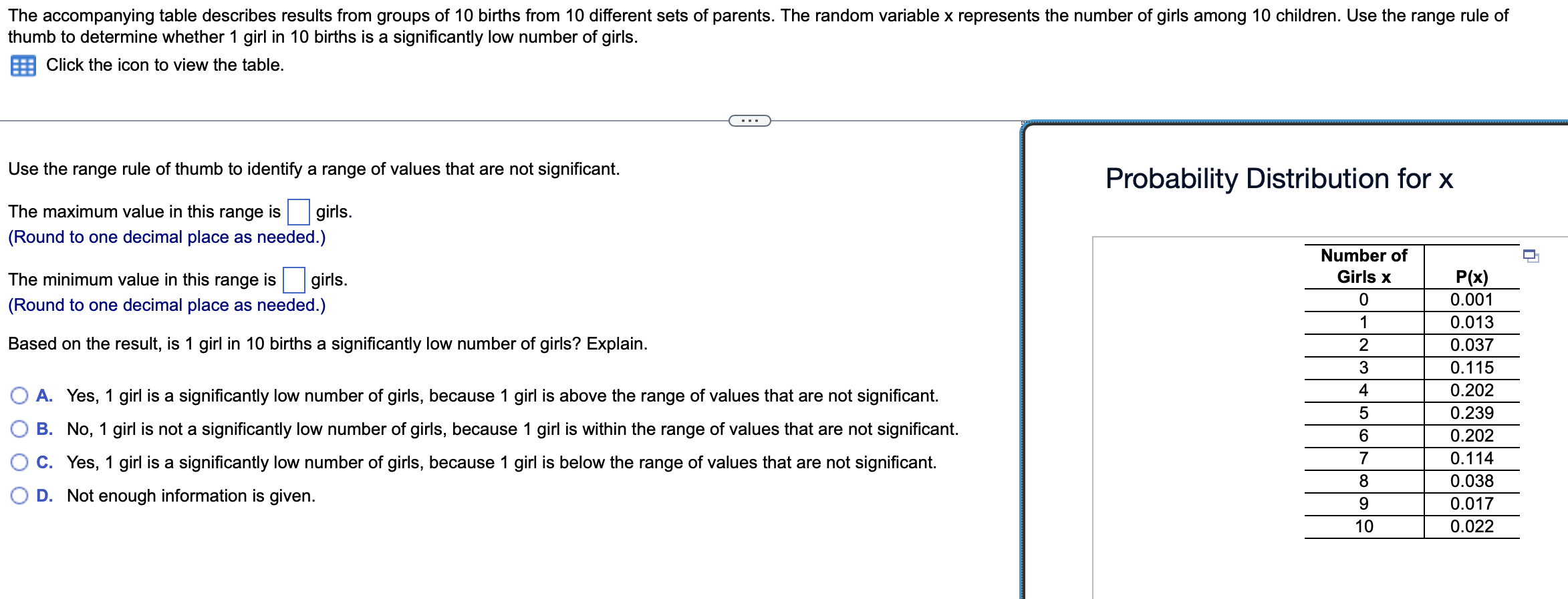 Solved thumb to determine whether 1 girl in 10 births is a | Chegg.com