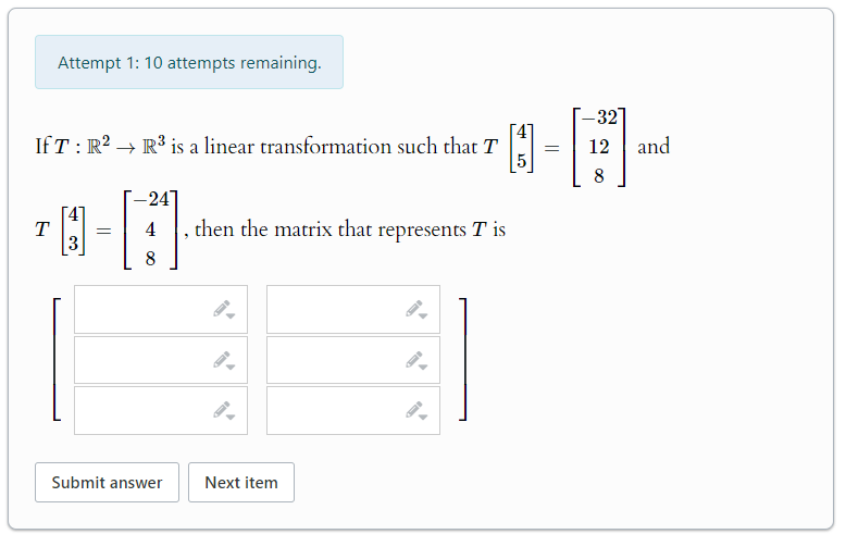 Solved Attempt 1: 10 ﻿attempts remaining.If T:R2→R3 ﻿is a | Chegg.com