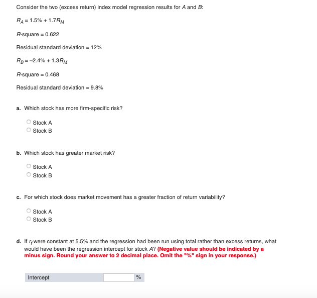 Solved Consider the two (excess return) index model | Chegg.com