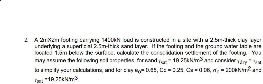 Solved 2. A 2mX2m footing carrying 1400kN load is | Chegg.com