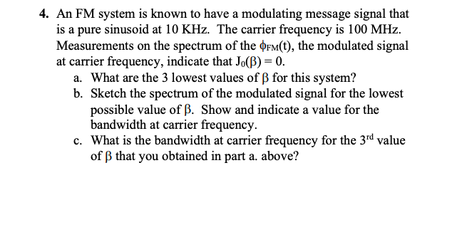Solved 4. An FM system is known to have a modulating message | Chegg.com
