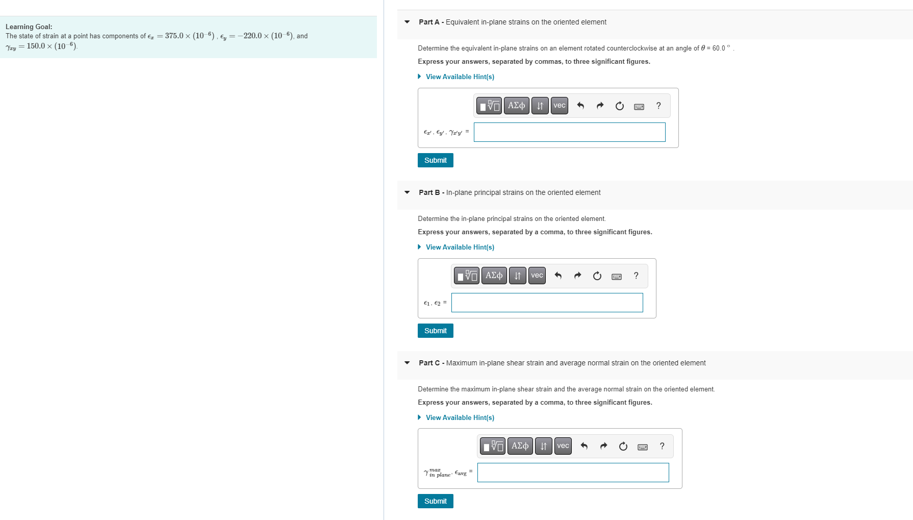 Solved Learning Goal: The state of strain at a point has | Chegg.com