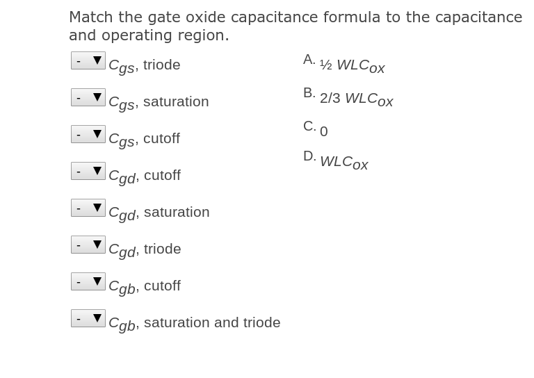 Solved Match the gate oxide capacitance formula to the | Chegg.com