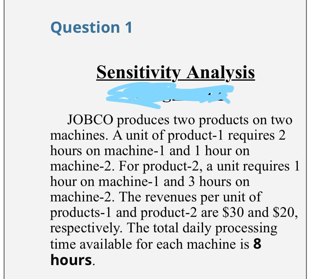 Solved Question 1 Sensitivity Analysis JOBCO produces two | Chegg.com