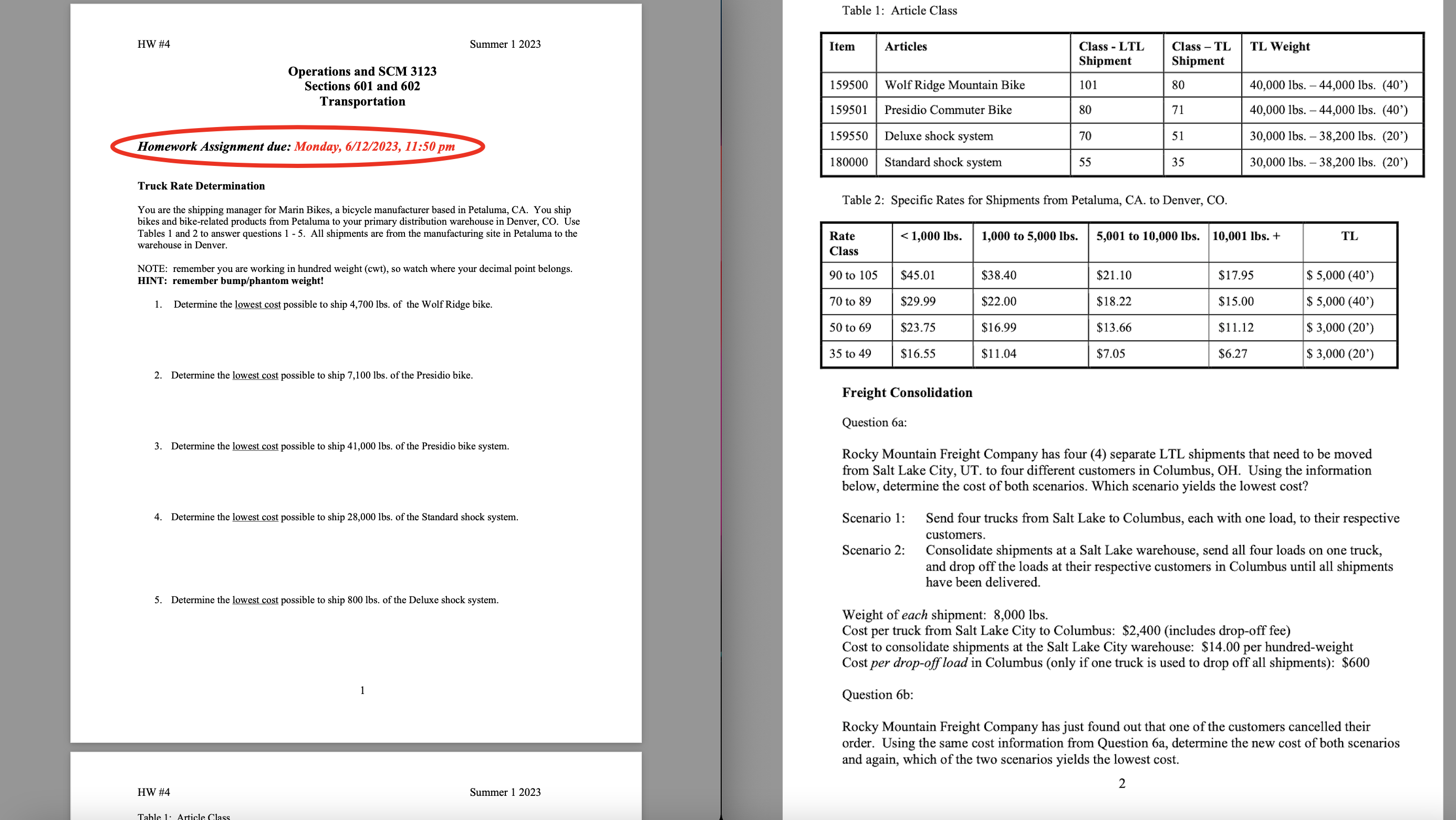 Solved Table 1: Article Class HW \#4 Summer 12023 Operations | Chegg.com