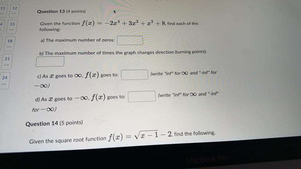 Solved Given the function f(x)=−2x4+3x3+x2+8, find each of | Chegg.com