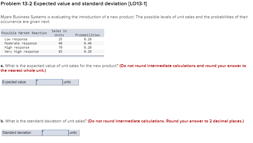 Solved Problem 13-2 Expected value and standard deviation | Chegg.com