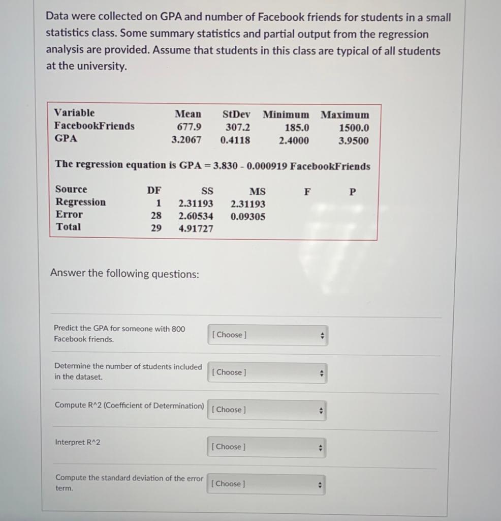 Solved Data were collected on GPA and number of Facebook | Chegg.com
