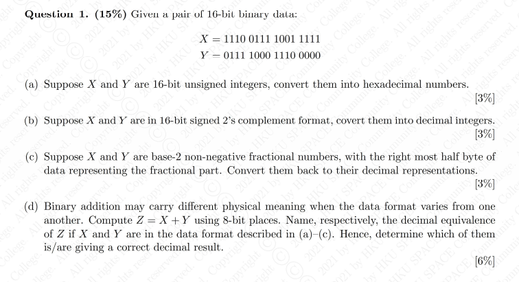 Solved Question 1. (15%) Given a pair of 16-bit binary data: | Chegg.com
