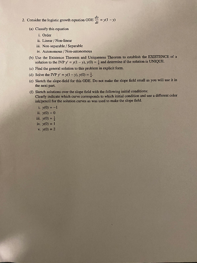 Solved 2. Consider the logistic growth equation ODE = y(1 – | Chegg.com