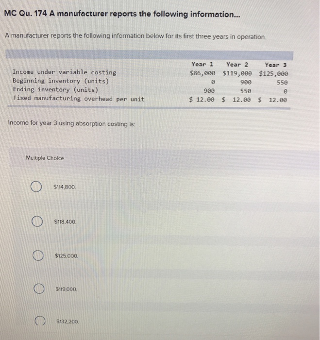 Solved MC Qu. 174 A manufacturer reports the following | Chegg.com