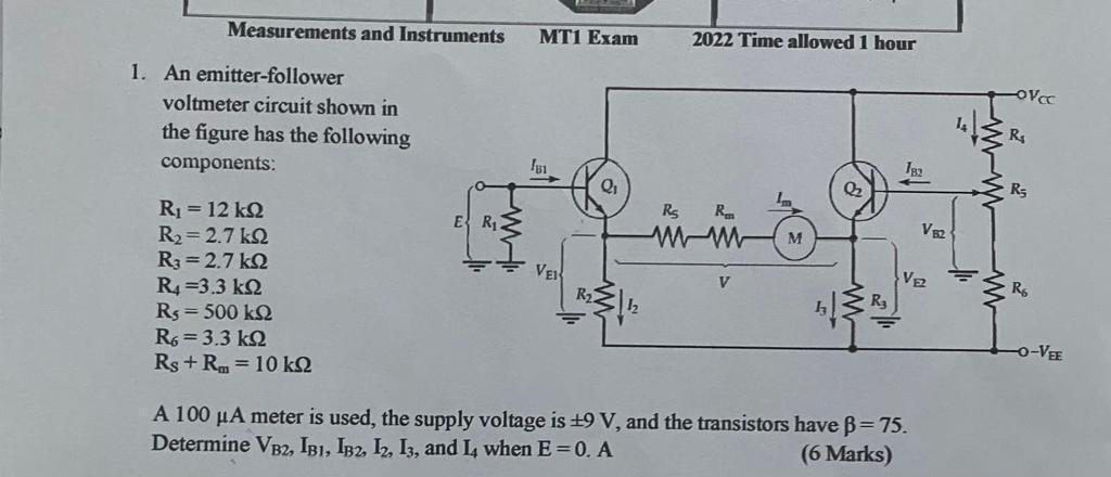 Solved 1. An emitter-follower voltmeter circuit shown in the | Chegg.com