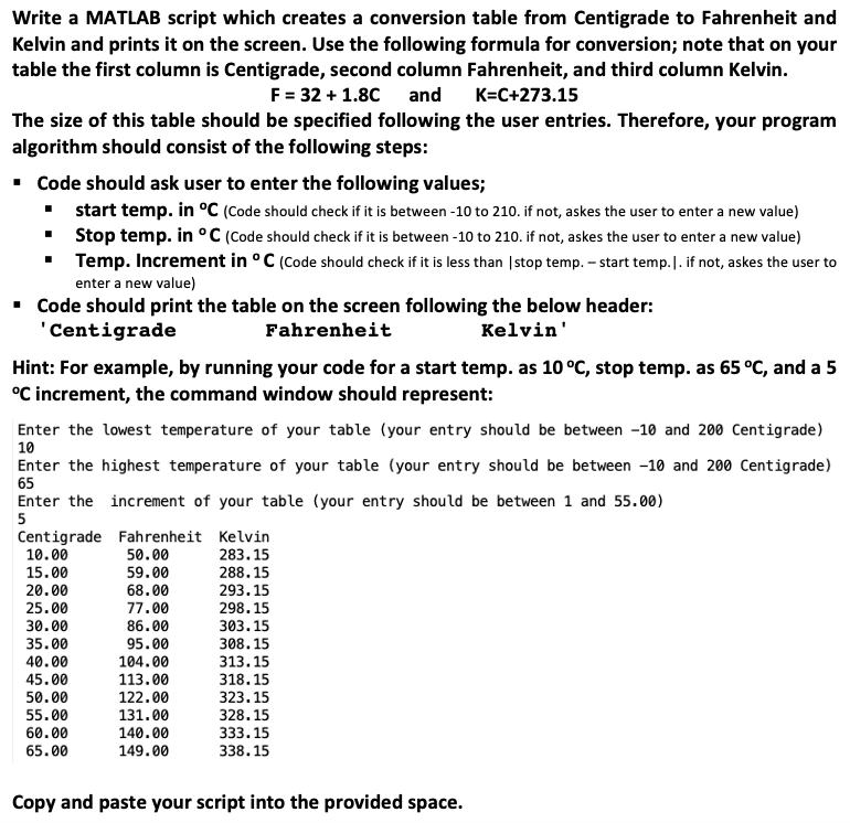 Solved Write a MATLAB script which creates a conversion | Chegg.com