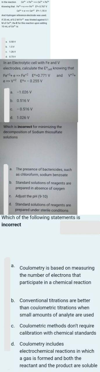 in the reaction Cet+ + Fe -> Ce + Fe Knowing that | Chegg.com