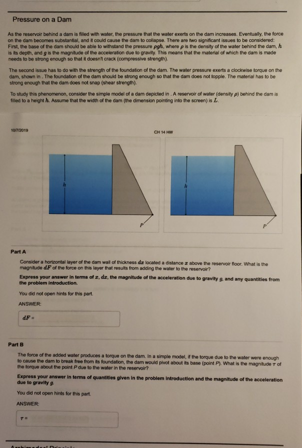 Solved Pressure on a Dam As the reservoir behind a dam is | Chegg.com
