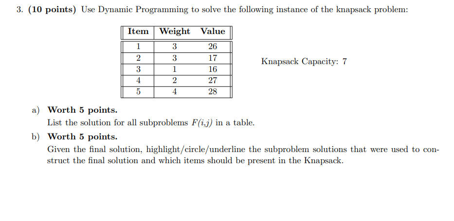 Solved 3. (10 points) Use Dynamic Programming to solve the | Chegg.com