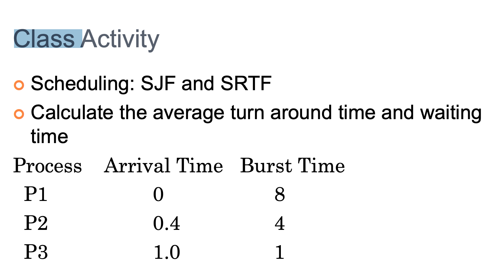 Solved Class Activity o Scheduling: SJF and SRTF o Calculate | Chegg.com