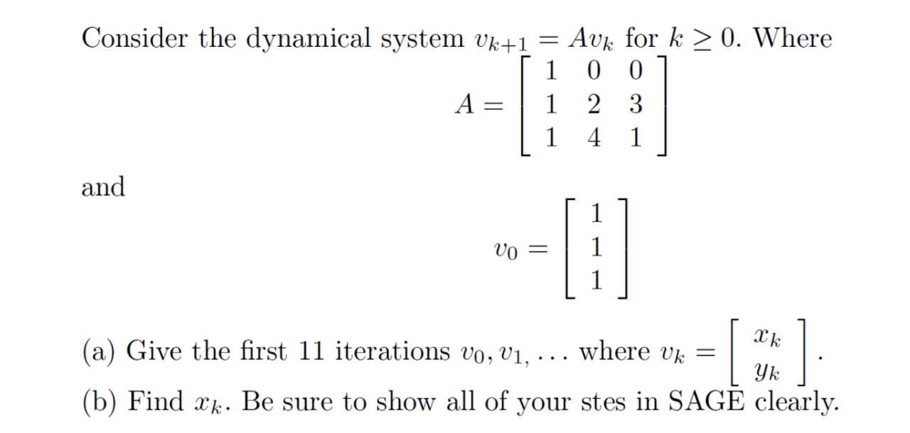 Solved Consider the dynamical system Uk+1 = Avk for k > 0. | Chegg.com