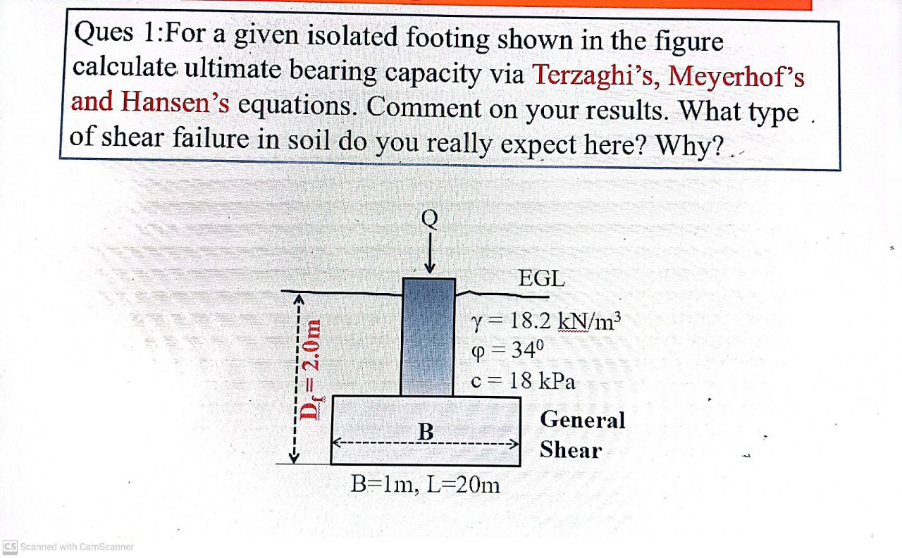 Solved Ques 1:For a given isolated footing shown in the | Chegg.com