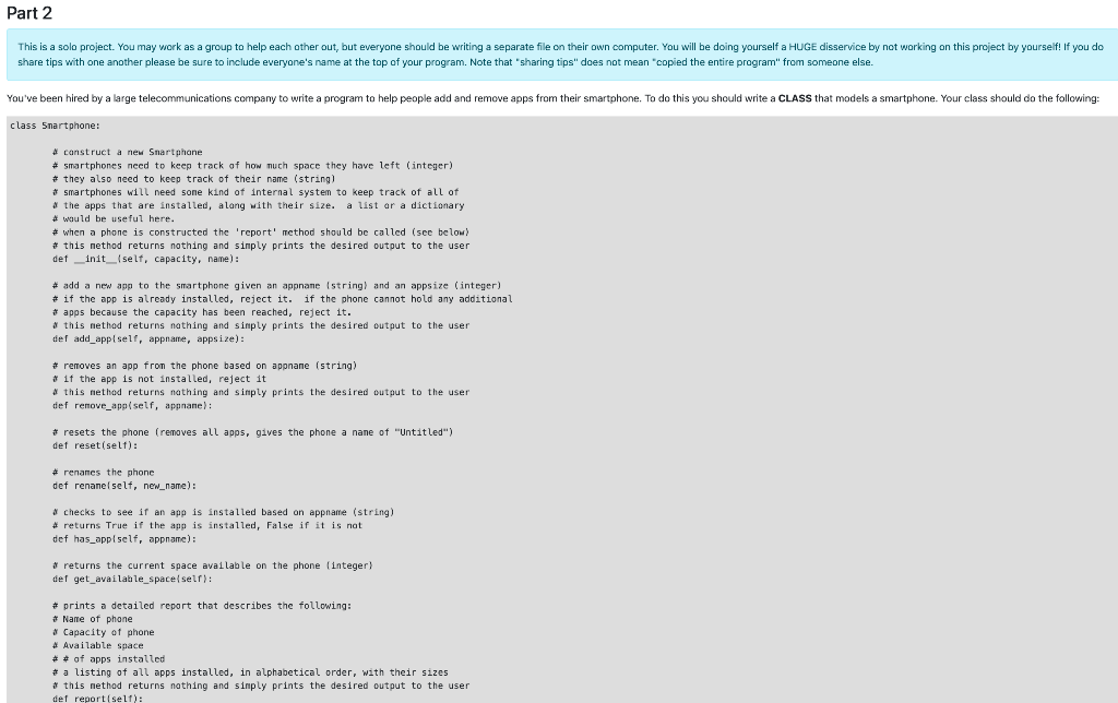 Solved Part 2 This is a solo project. You may work as a | Chegg.com