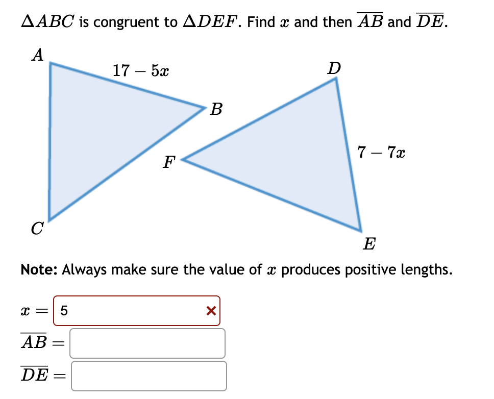 Solved ABC is congruent to DEF. Find x and then AB and DE. | Chegg.com
