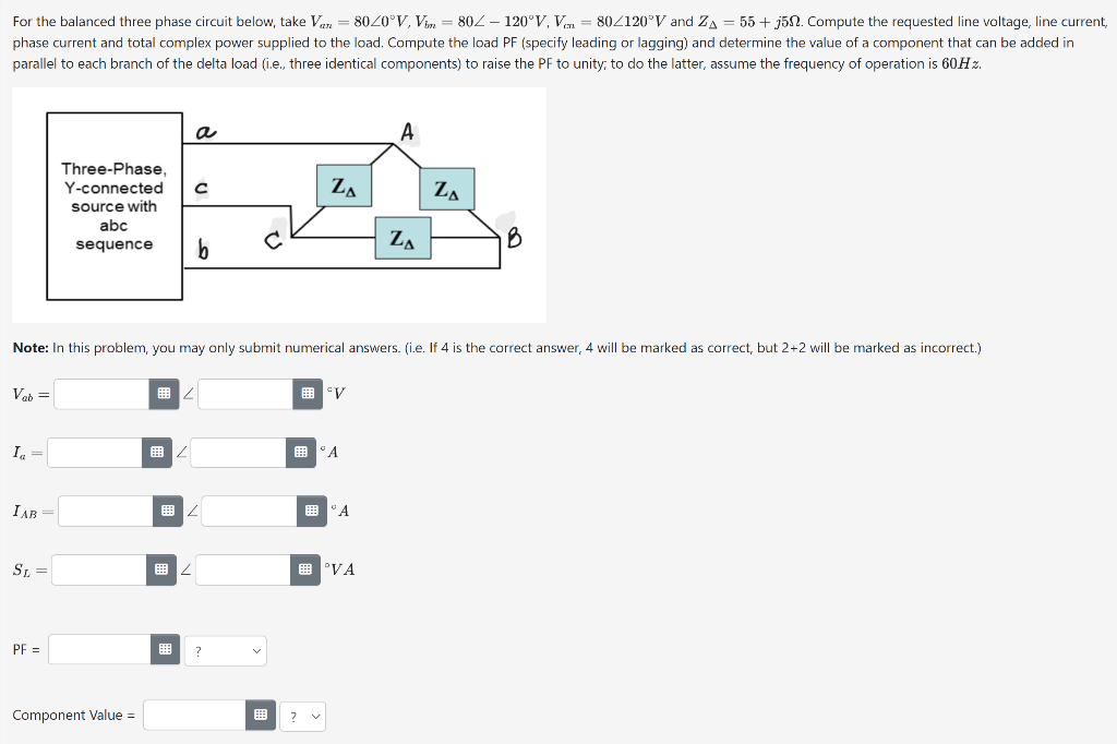 Solved For the balanced three phase circuit below, take | Chegg.com