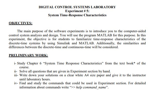 Solved DIGITAL CONTROL SYSTEMS LABORATORY Experiment #5: | Chegg.com