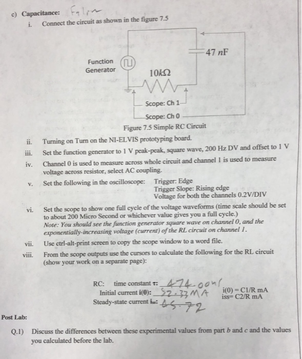 Solved c)Capacitance: i i. Connect the circuit as shown in | Chegg.com