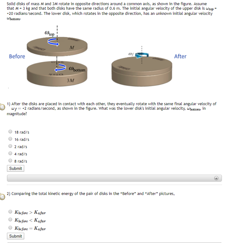 Solved Solid disks of mass M and 3M rotate in opposite | Chegg.com