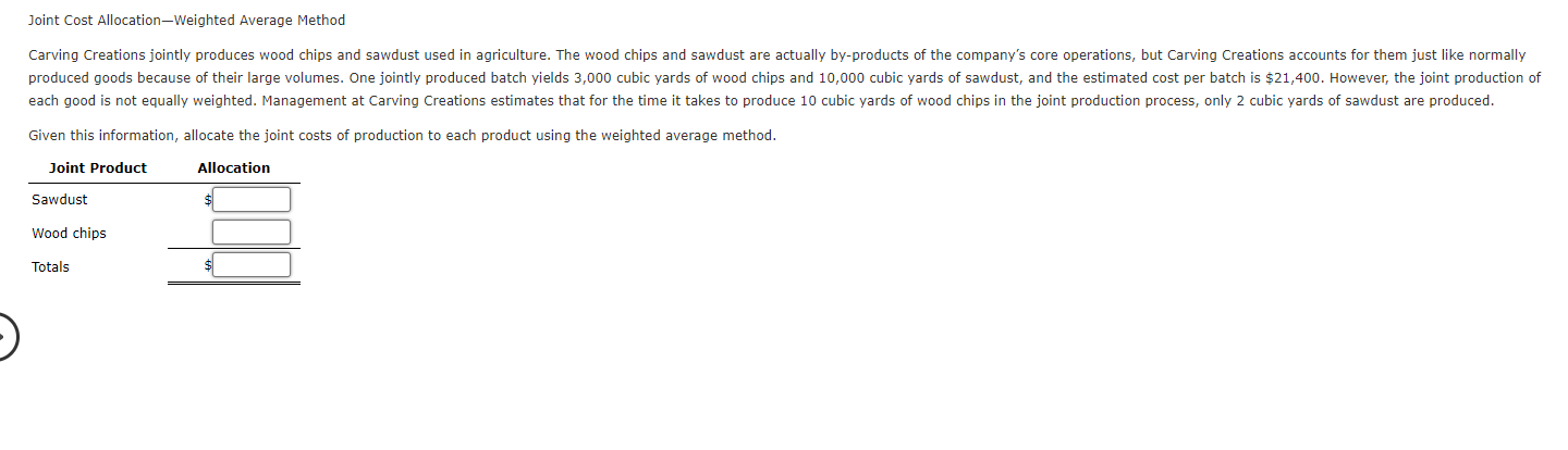 Solved Joint Cost Allocation—Weighted Average Method Carving | Chegg.com