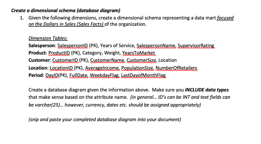 Create a dimensional schema (database diagram) 1. | Chegg.com