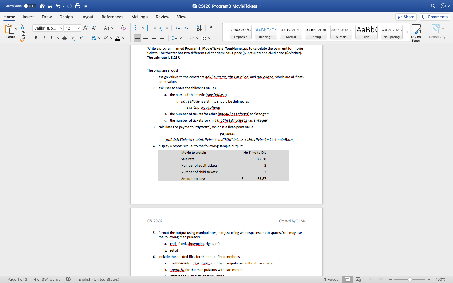 Solved AutoSave OFF A sro - W CS120_Program3_Movie Tickets | Chegg.com