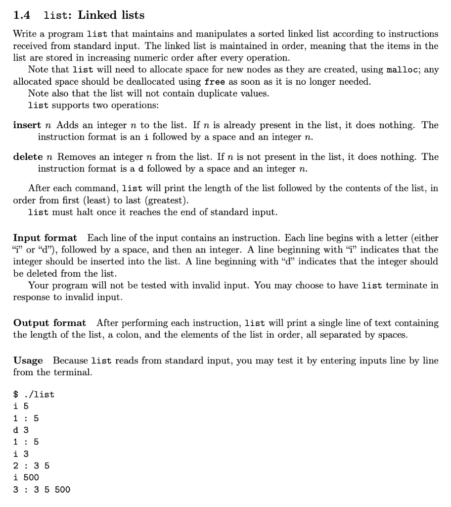 Solved 1.4 list: Linked lists Write a program list that | Chegg.com