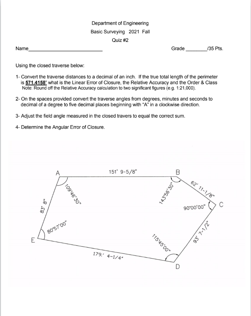 Solved Department of Engineering Basic Surveying 2021 Fall | Chegg.com