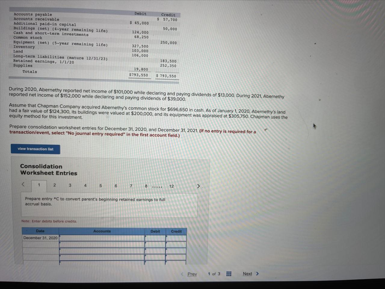 Solved During 2020, Abernethy reported net income of | Chegg.com