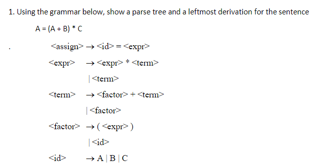 Solved 1. Using the grammar below, show a parse tree and a | Chegg.com