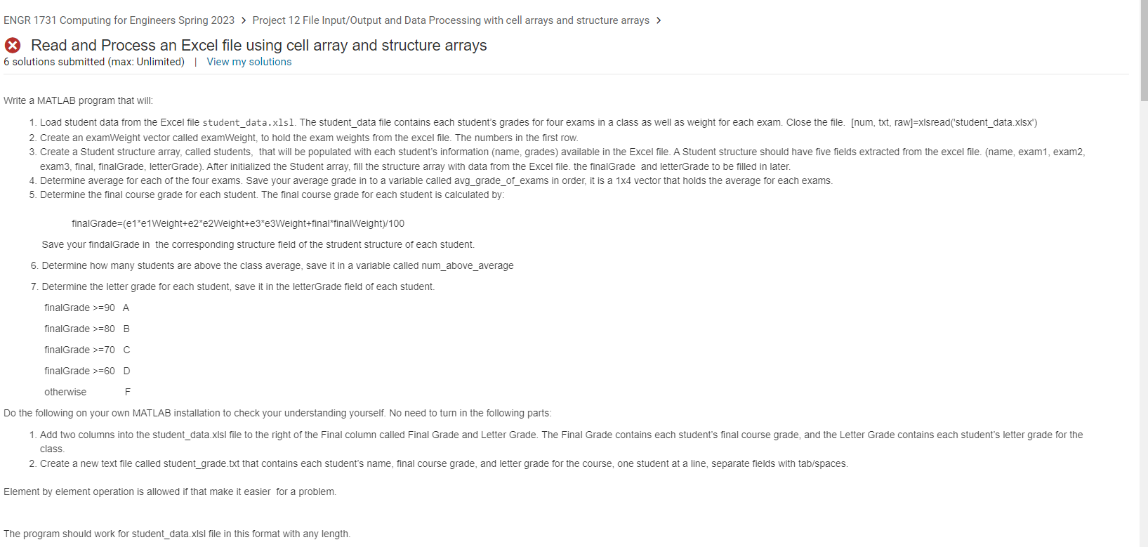 ENGR 1731 Computing for Engineers Spring 2023 > | Chegg.com