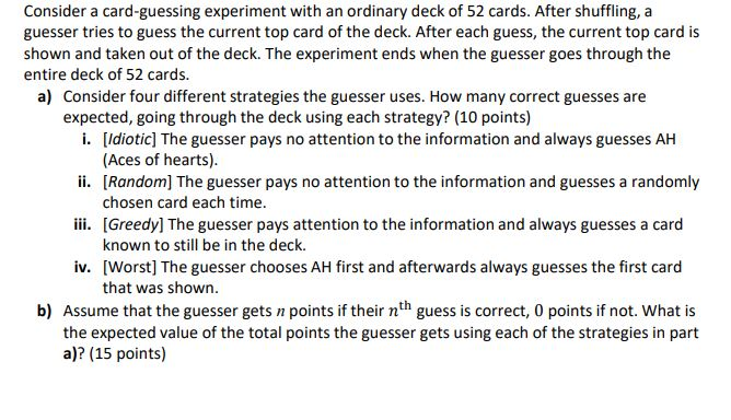 Consider a card-guessing experiment with an ordinary | Chegg.com