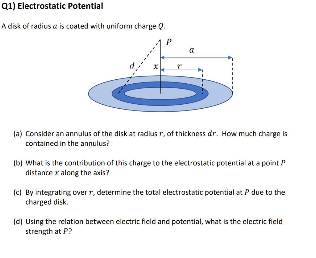 Solved Q1) Electrostatic Potential A disk of radius a is | Chegg.com