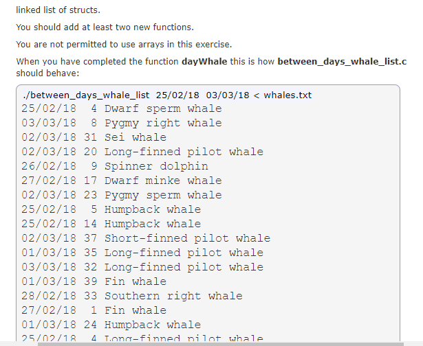 Exercise: Print whale sightings for a range of days | Chegg.com