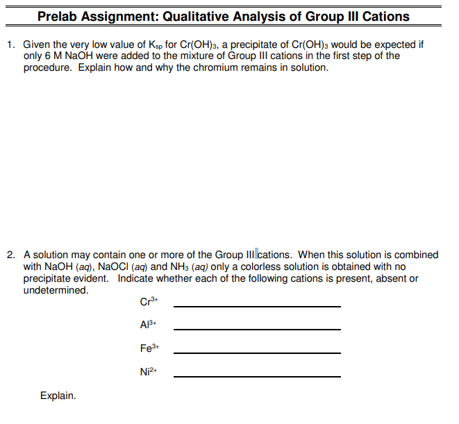 Solved Prelab Assignment: Qualitative Analysis of Group III | Chegg.com