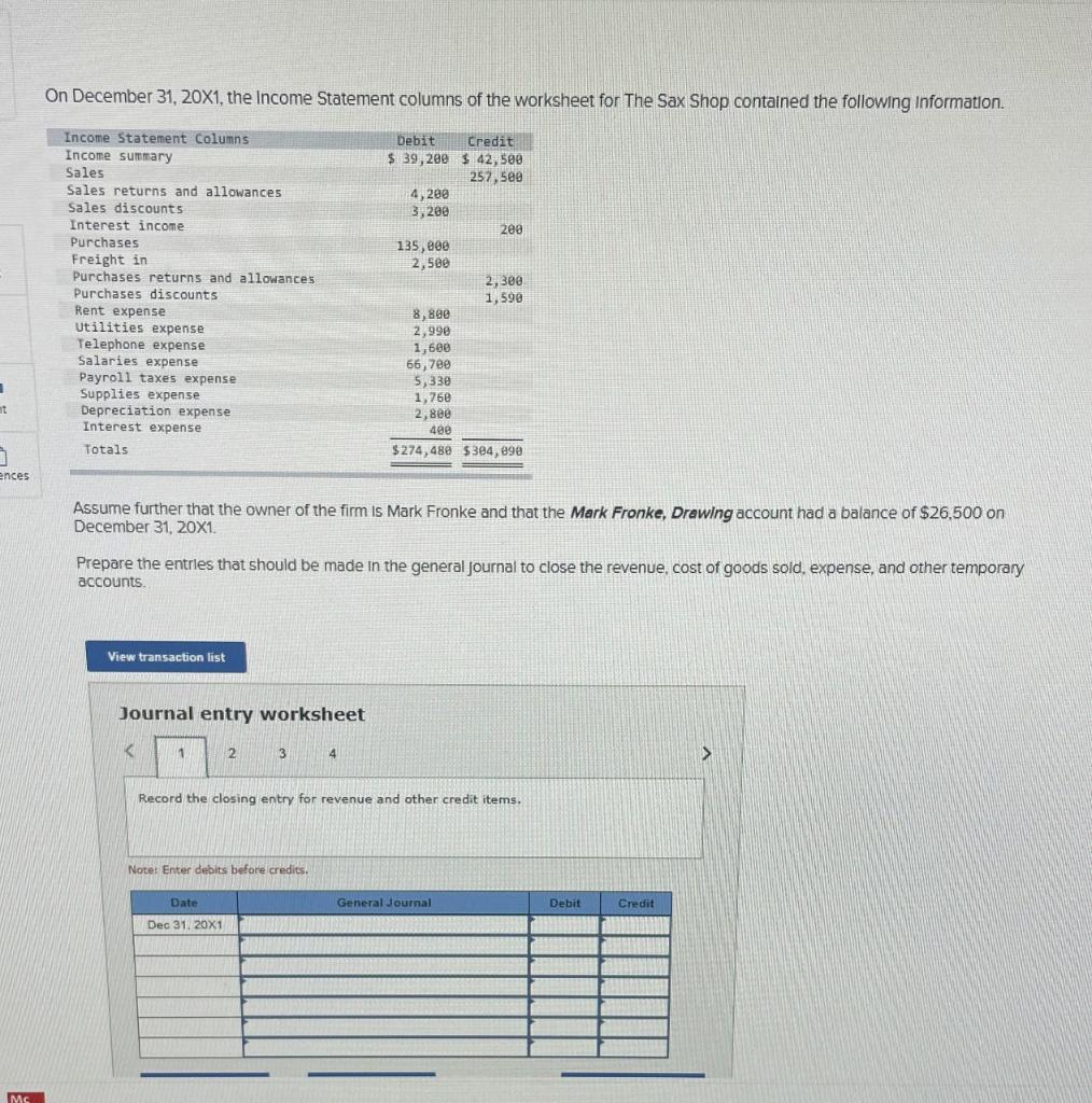 Solved On December 31, 20X1, the Income Statement columns of | Chegg.com