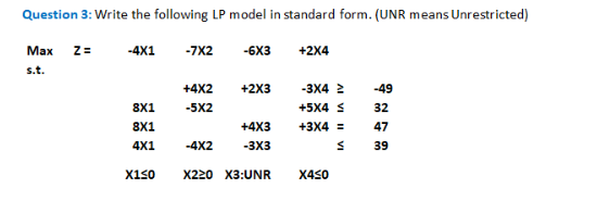 Solved Question 3: Write the following LP model in standard | Chegg.com